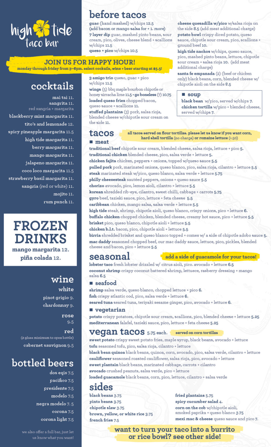 our menu – High Tide Taco Bar